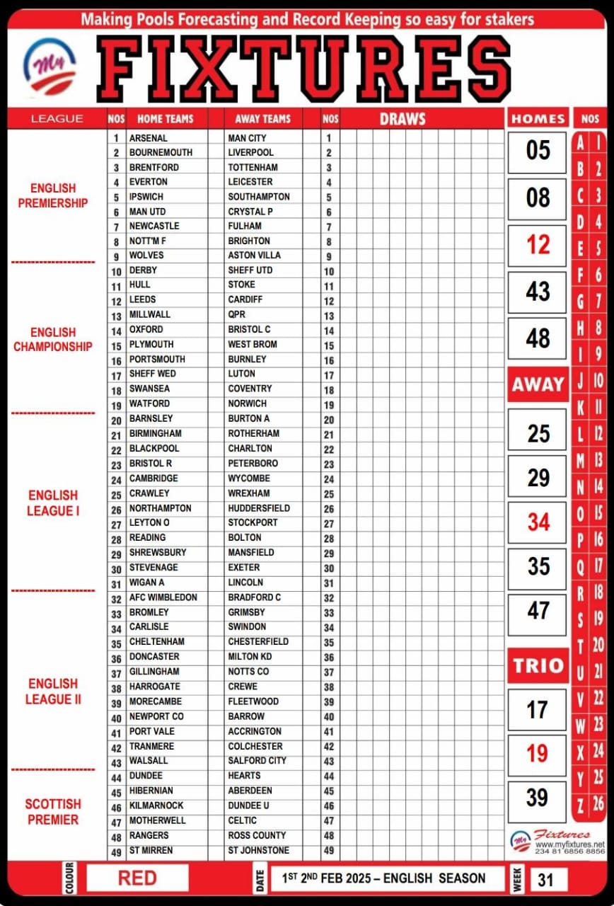 Advance Fixtures for Football Pools Betting
